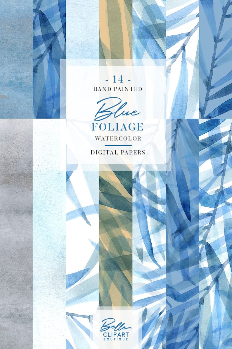 Blue Foliage Watercolor Digital Paper Set, Botanical Backgrounds ...