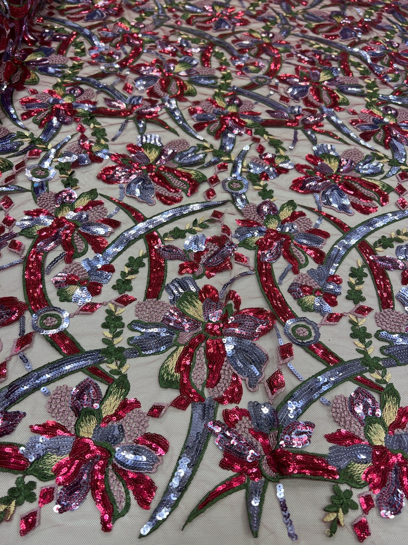 Red Floral Sequin Fabric Embroidery - Etsy