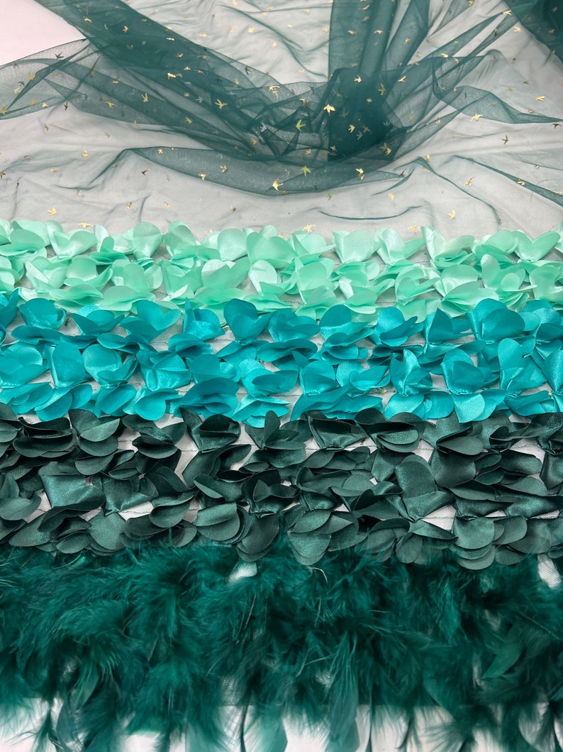 Feathers and 3D Flowers Green 3D Flowers and Feathers on Gold Print ...