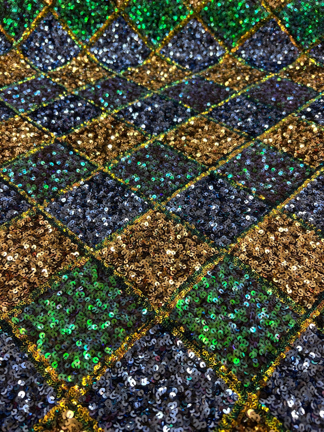 Stretch Sequins Green and Slate Blue Stretch Sequins Harlequin Block ...