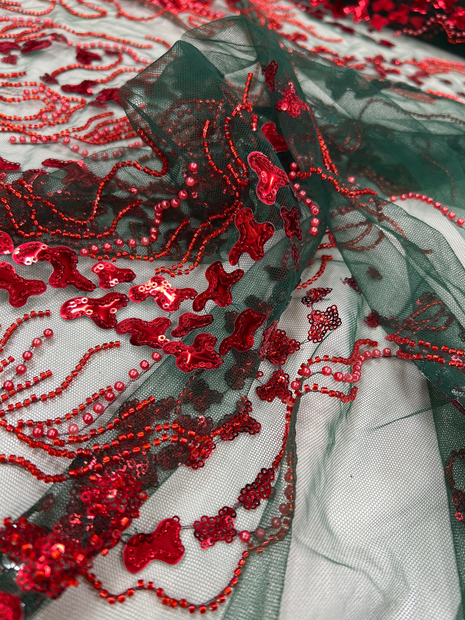 Hunter Green Beads and Sequin Film Cutout Shinny Embroidery on Tulle ...