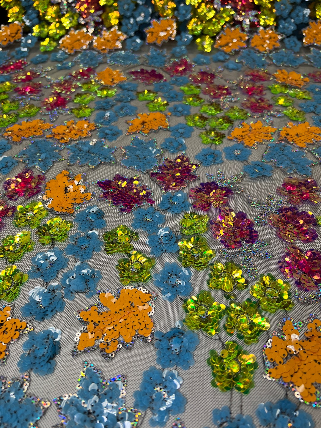 Black Tulle Iridescent Sequins Neon Sequins Black Tulle Embroidery ...