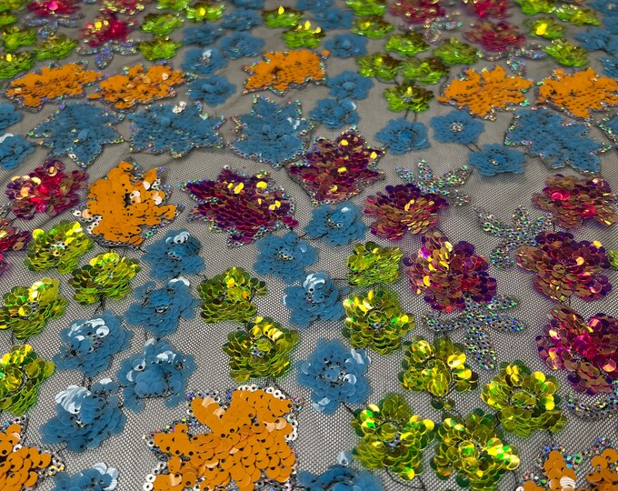 Black Tulle Iridescent Sequins Neon Sequins Black Tulle Embroidery ...