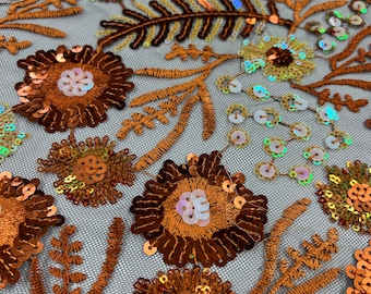 2 Yards Rust Color Sequins Lace Fabric Floral Sequins Multi Color ...