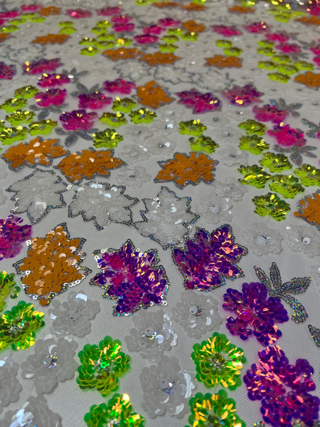White Netting Iridescent Neon Flower Sequins Embroidery - Etsy