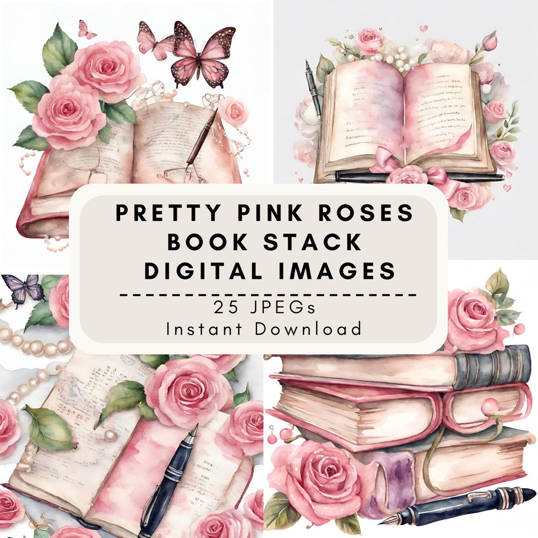 Pretty Pink Roses Book Stack Watercolour Digital Clipart for Junk ...