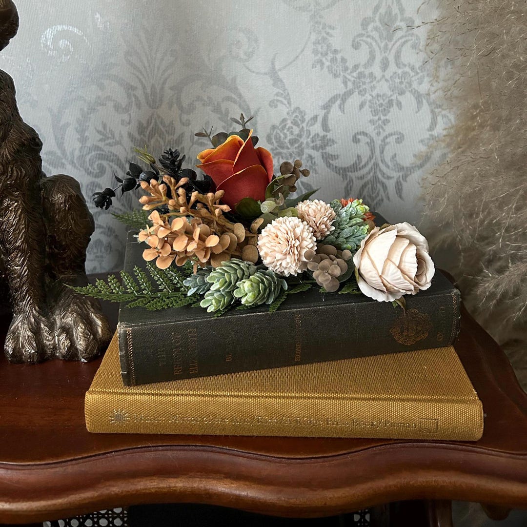 Black & Gold Vintage Book Stack With FLOWERS INCLUDED Floral Bookend ...