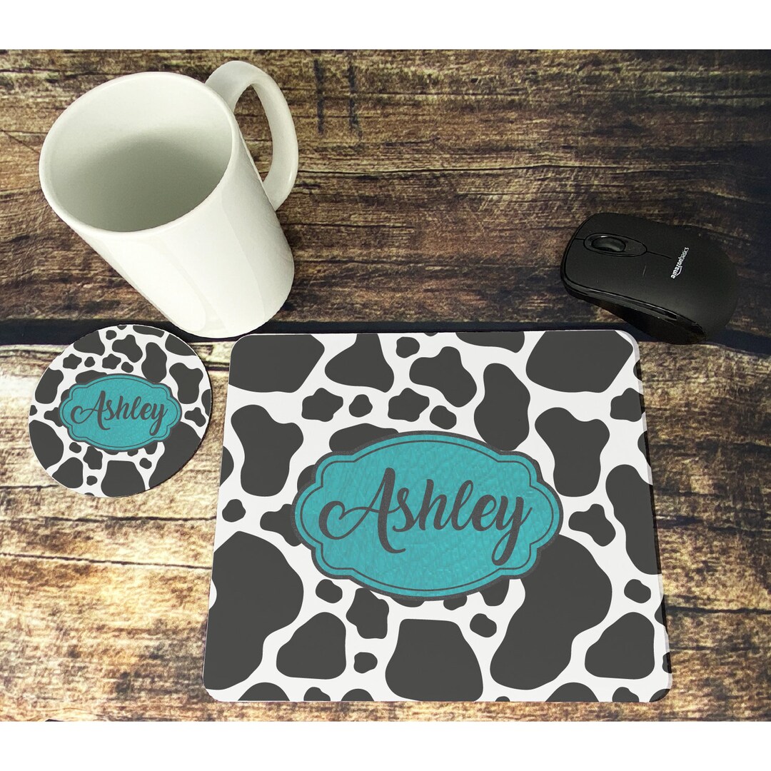 Personalized Mouse Pad and Coaster Set, Cow Print Mouse Pad and Coaster ...