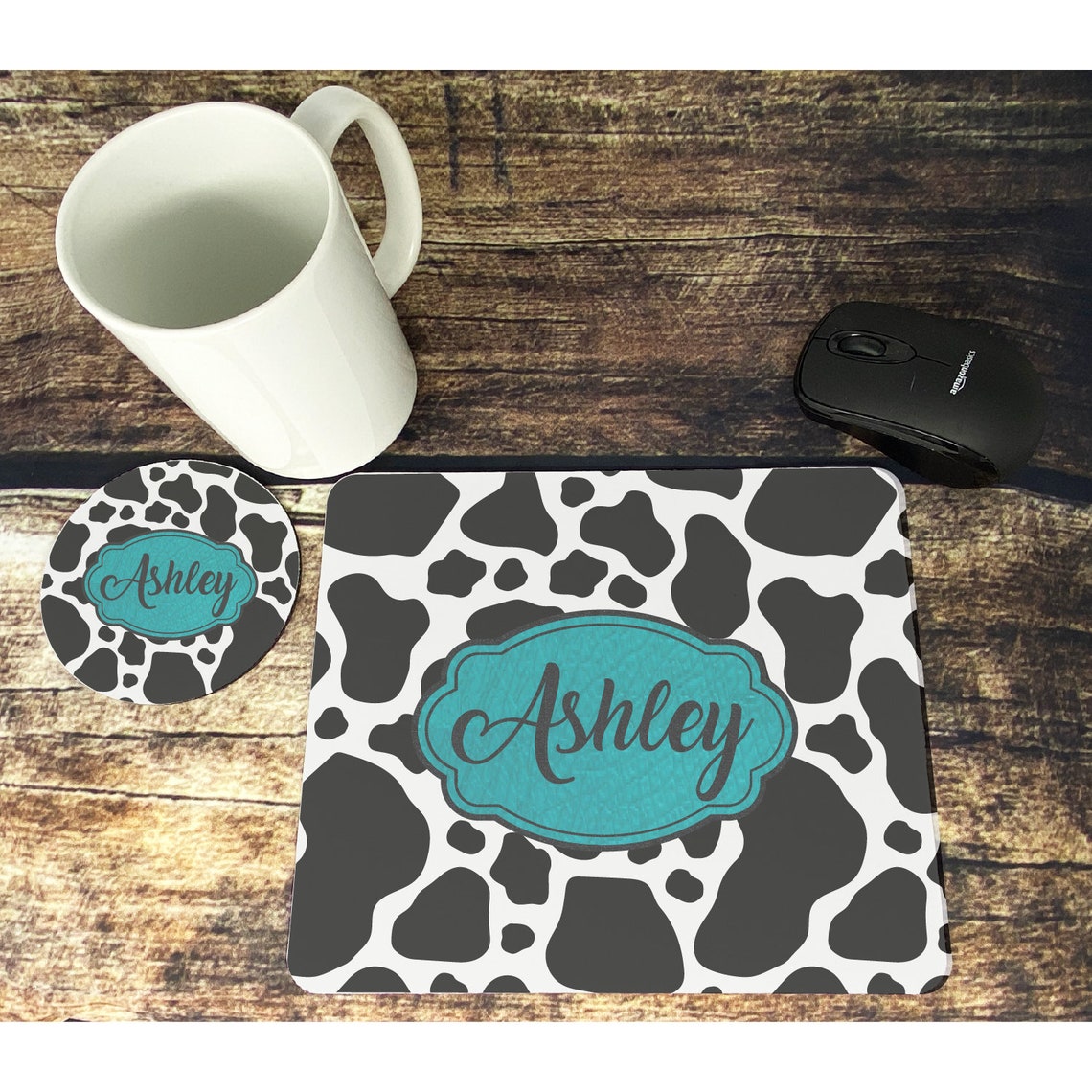 Personalized Mouse Pad and Coaster Set Cow Print Mouse Pad - Etsy