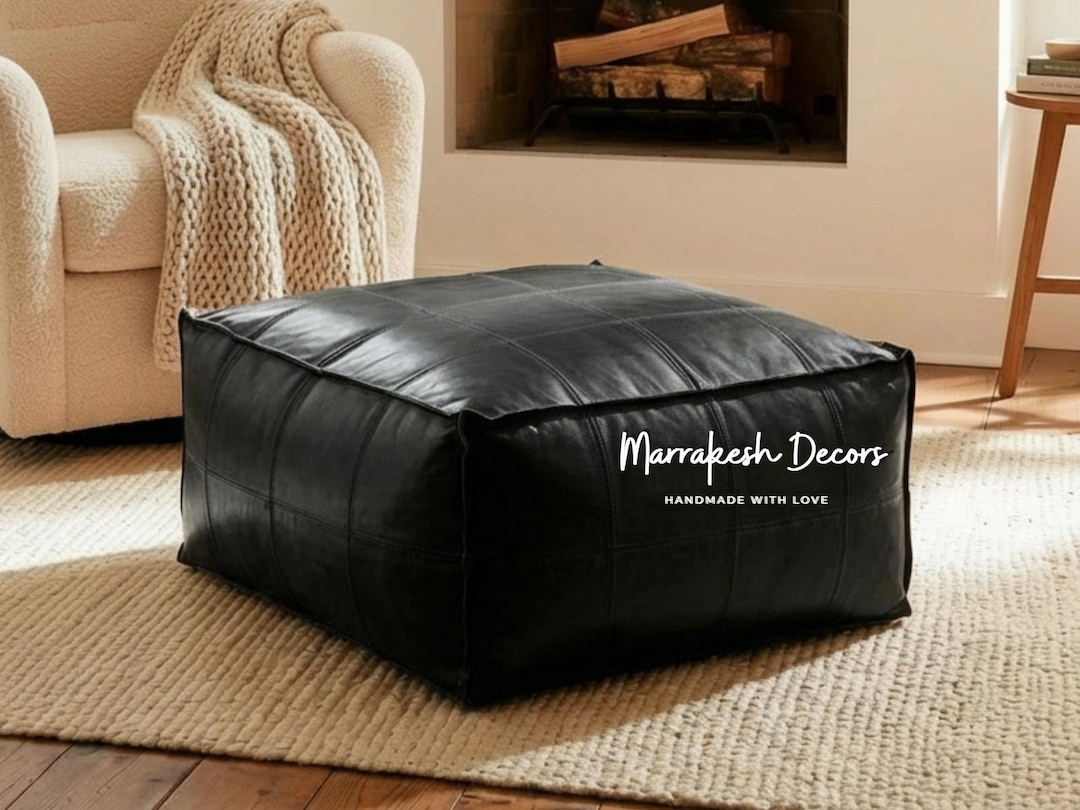 Black Leather Square Pouf Ottoman Coffee Table | Cushioned Footstool ...