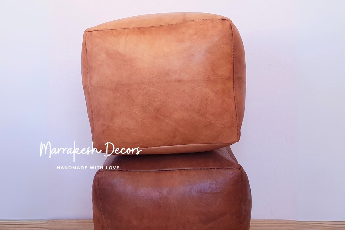 Pair X 2 Square Moroccan Leather Ottoman Pouf, Square Leather Pouf ...