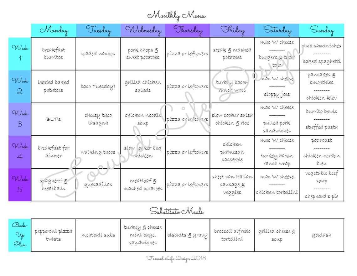 Monthly Meal Plan, Monthly Meal Plan Printable, Weekly Menu Plan, Menu ...