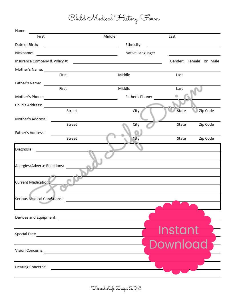 Medical History, Medical History Printable, Kids Medical, Kids Medical ...