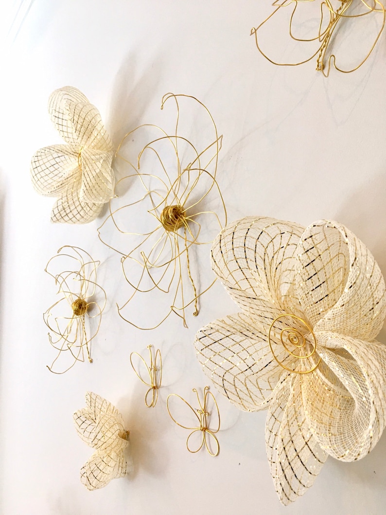 Home Decor. Wall Decor. Hanging. Gold Wire Art. 3 Wire Flowers | Etsy