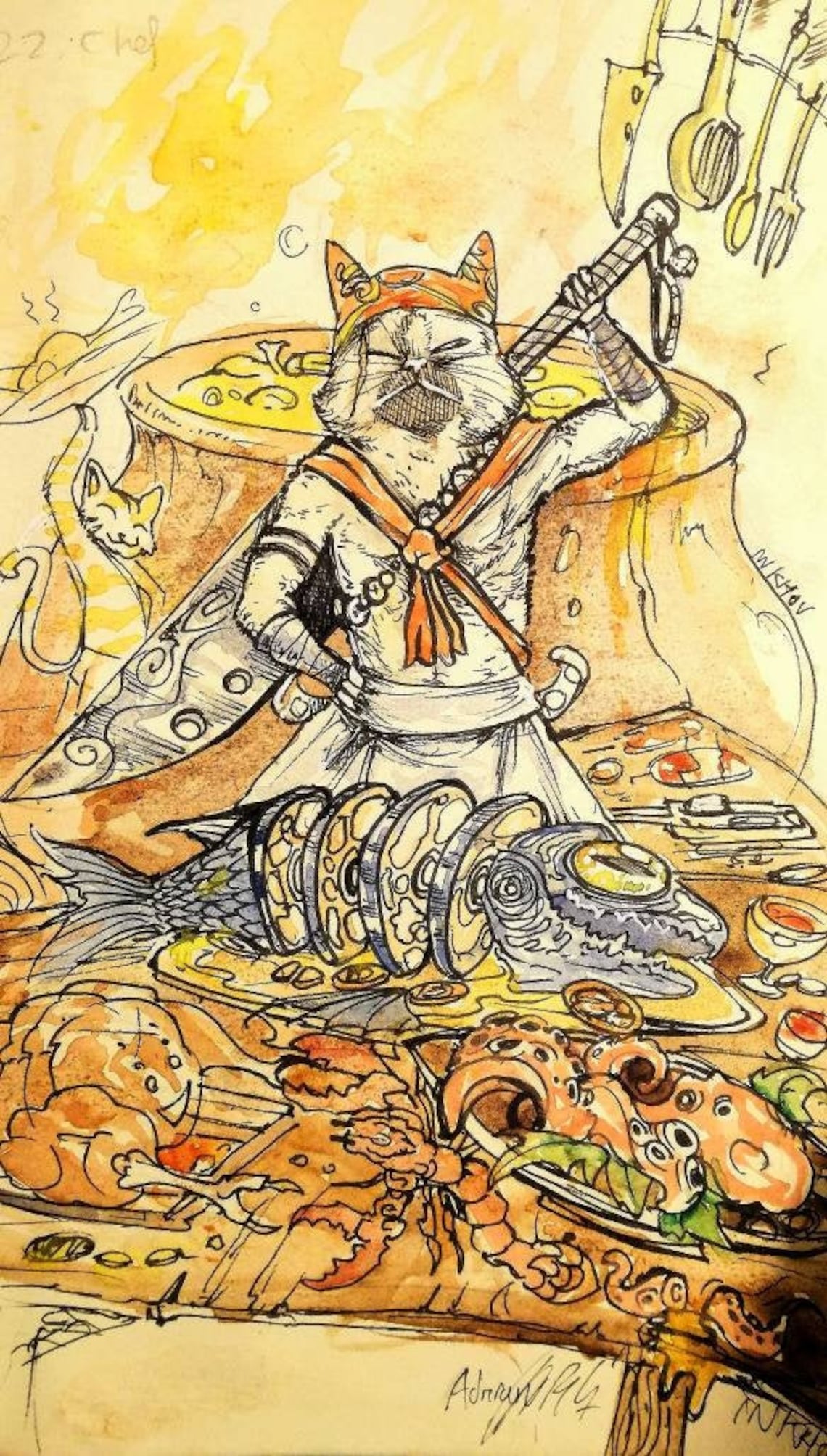 Monster Hunter Poster Meowscular Chef MH World Watercolor - Etsy