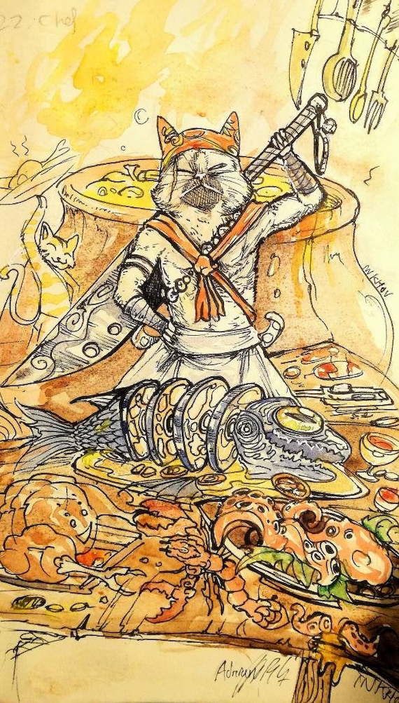 Monster Hunter Poster Meowscular Chef MH World Watercolor - Etsy