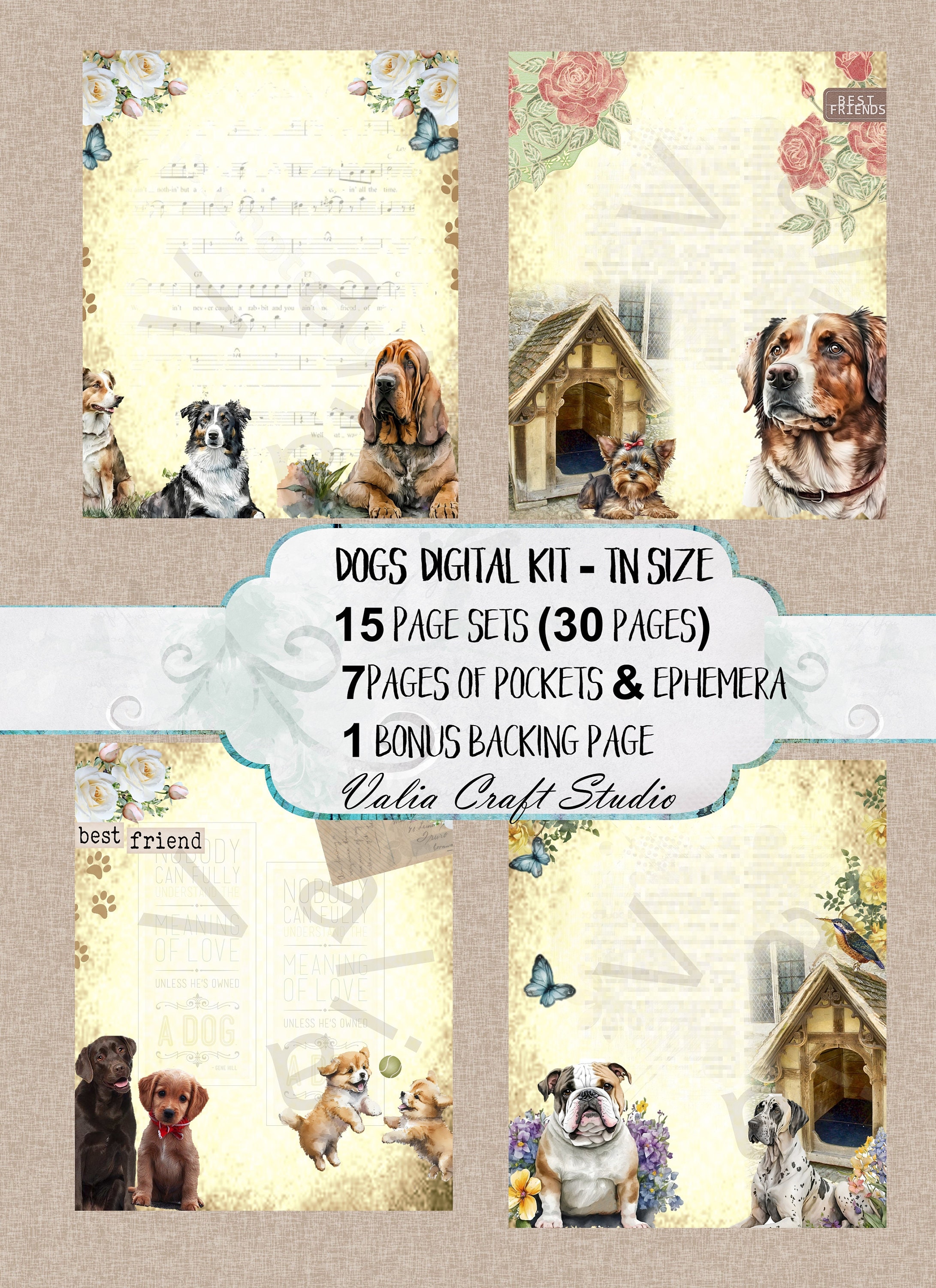 Junk Journal, Delightful Dogs Digital Kit, TN Size, Printable, Instant ...