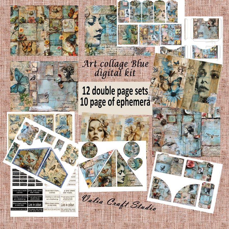 Digital Kit, Art Collage Blue Digital Kit, Printable, Valia Craft ...