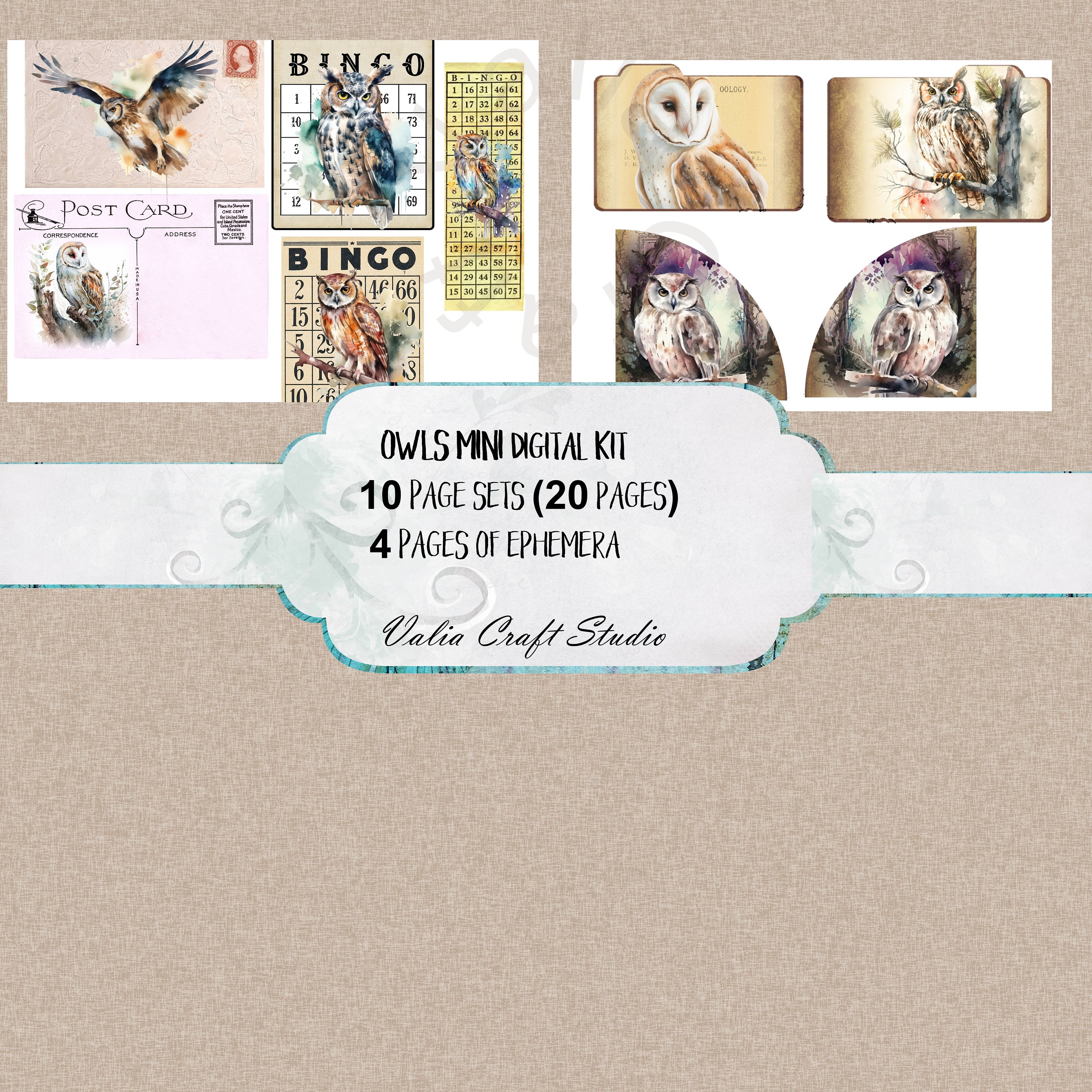Owls Junk Journal Kit, Digital Kit, Printable Paper, Valia Craft Studio, Instant Download, Owls ...