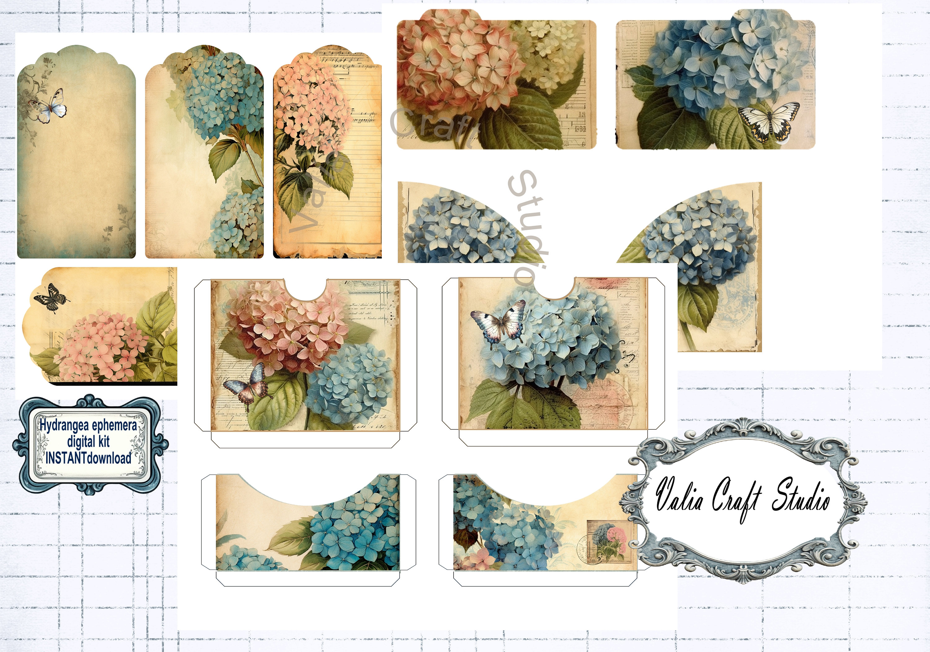 Junk Journal Ephemera Kit Hydrangeas Kit Printable Instant - Etsy