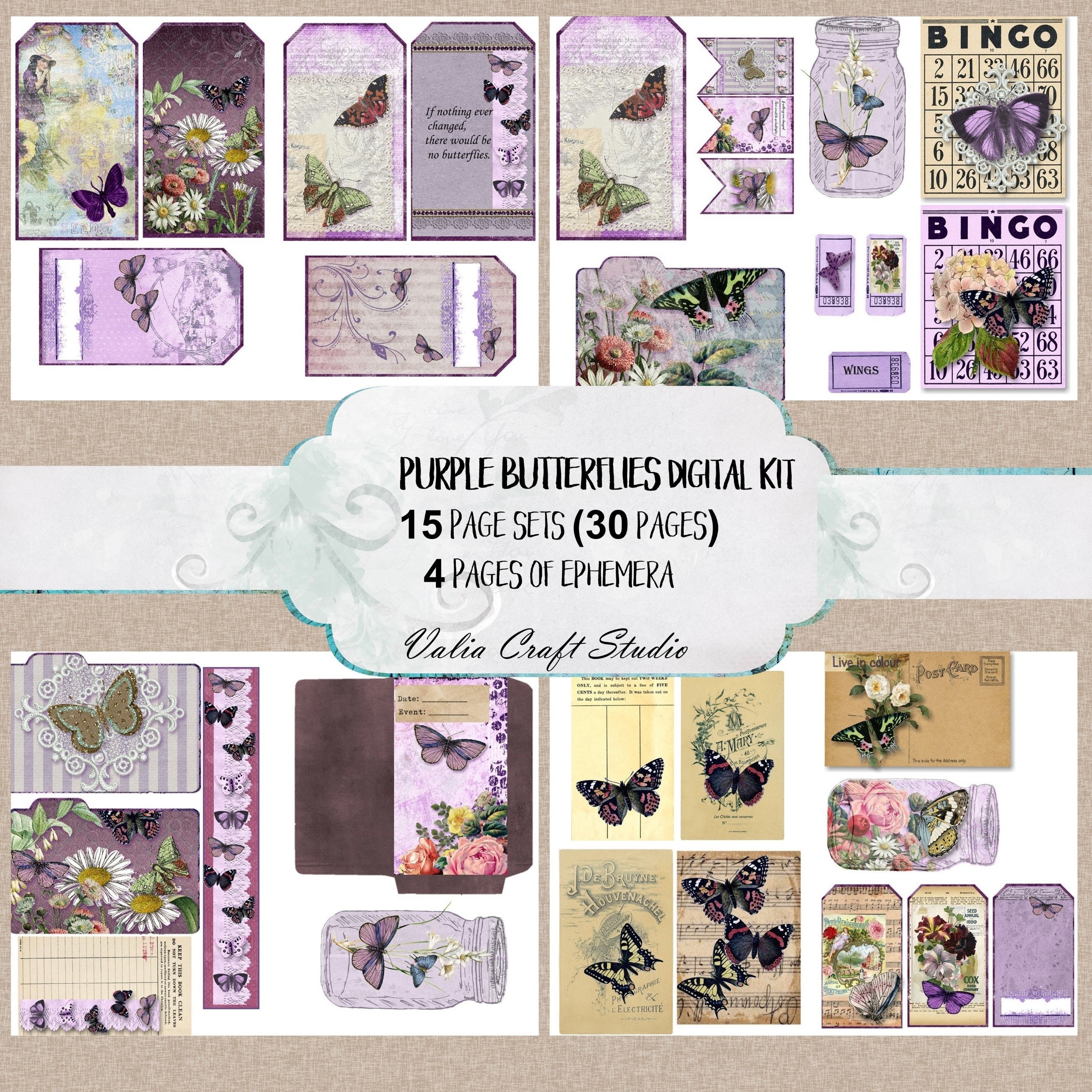 Purple Butterfly Garden Digital Kit, Printable, Journal Kit by Valia ...