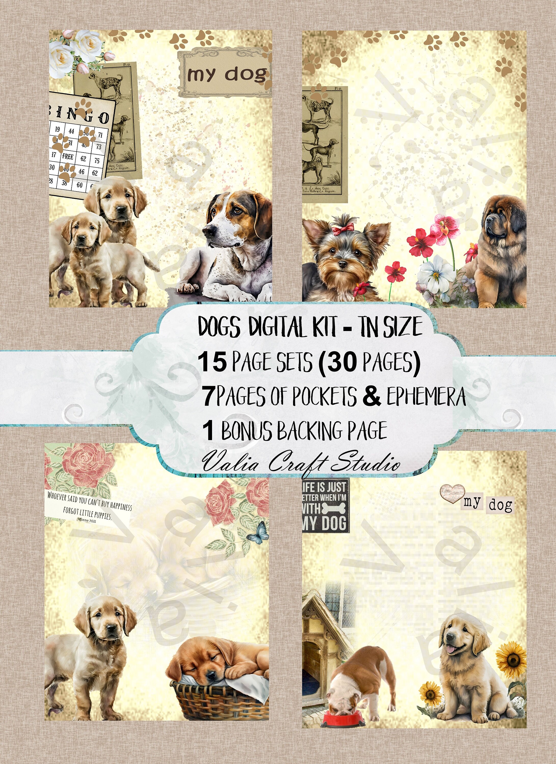 Junk Journal, Delightful Dogs Digital Kit, TN Size, Printable, Instant ...