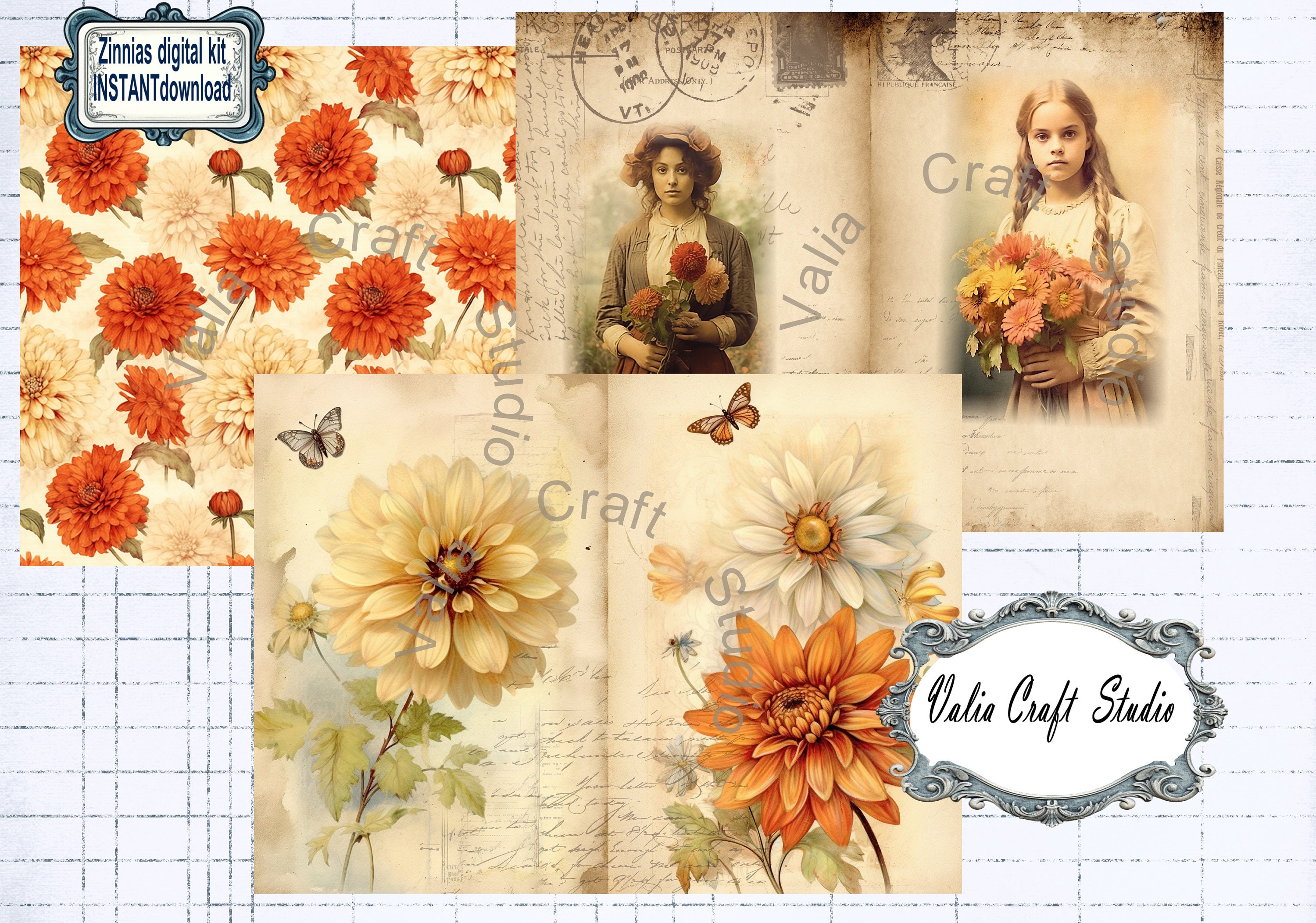 Zinnias Junk Journal Kit: Vintage Floral Ephemera (digital Download) - Etsy