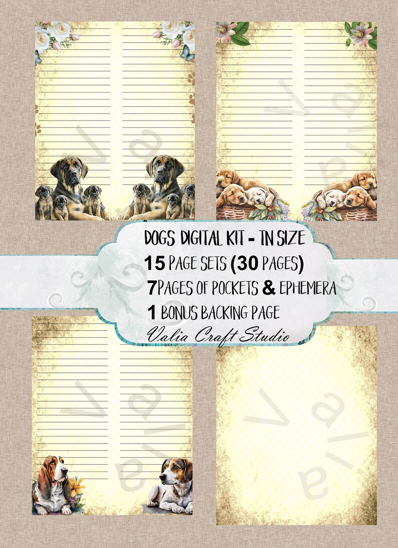 Junk Journal, Delightful Dogs Digital Kit, TN Size, Printable, Instant ...