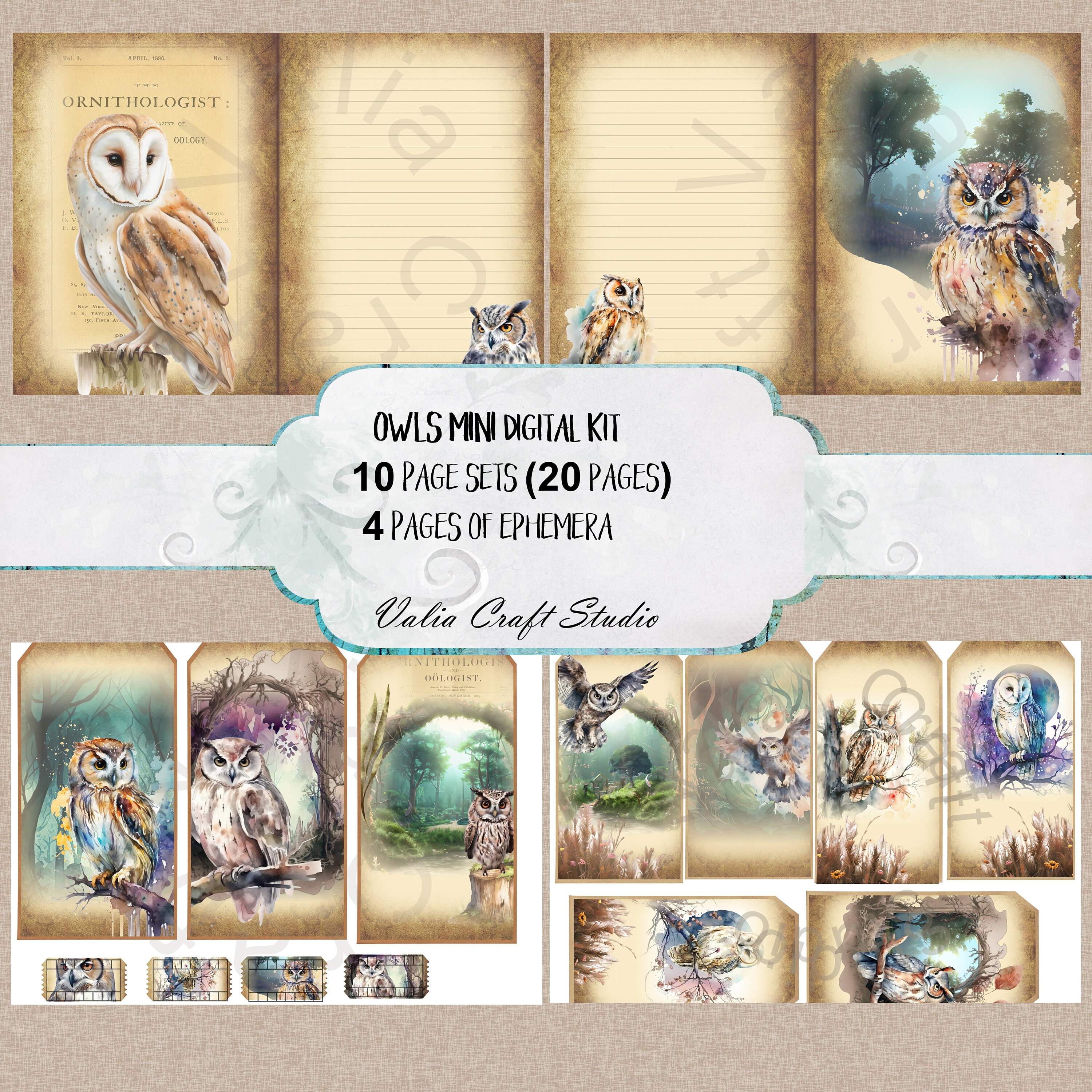 Owls Junk Journal Kit, Digital Kit, Printable Paper, Valia Craft Studio, Instant Download, Owls ...