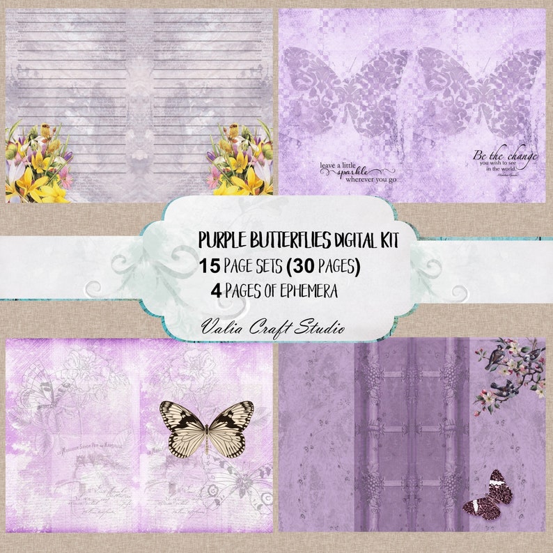 Purple Butterfly Garden Digital Kit, Printable, Journal Kit by Valia ...