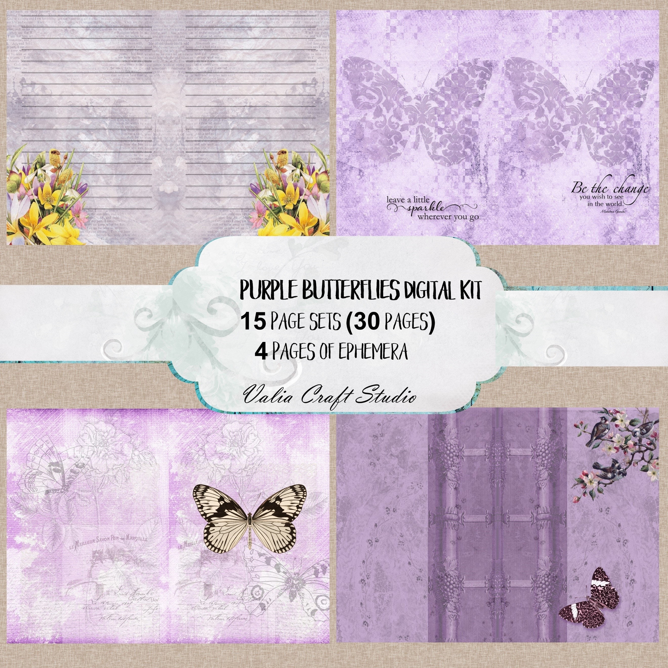 Purple Butterfly Garden Digital Kit, Printable, Journal Kit by Valia ...