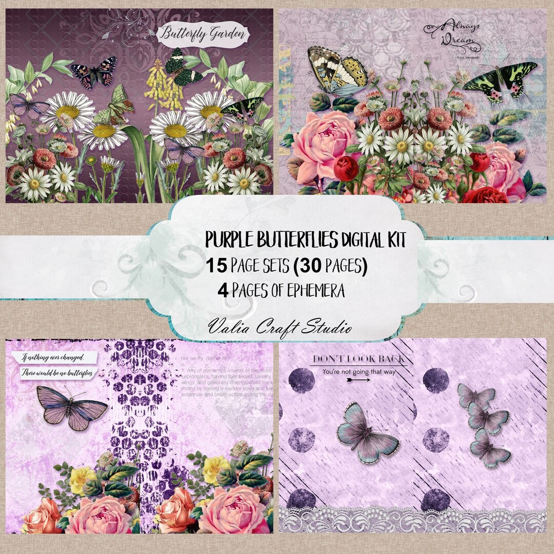 Purple Butterfly Garden Digital Kit, Printable, Journal Kit by Valia ...