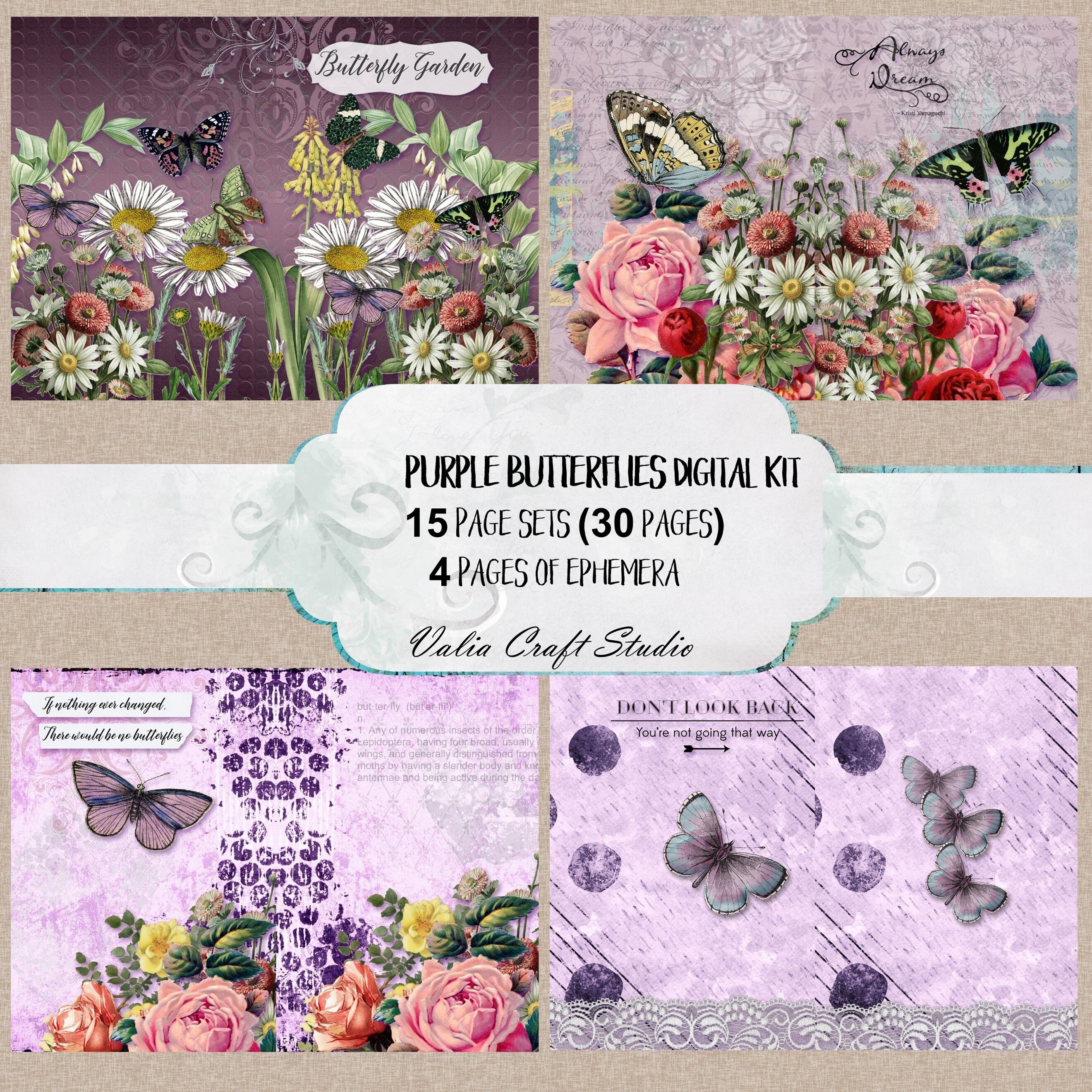 Purple Butterfly Garden Digital Kit, Printable, Journal Kit by Valia ...