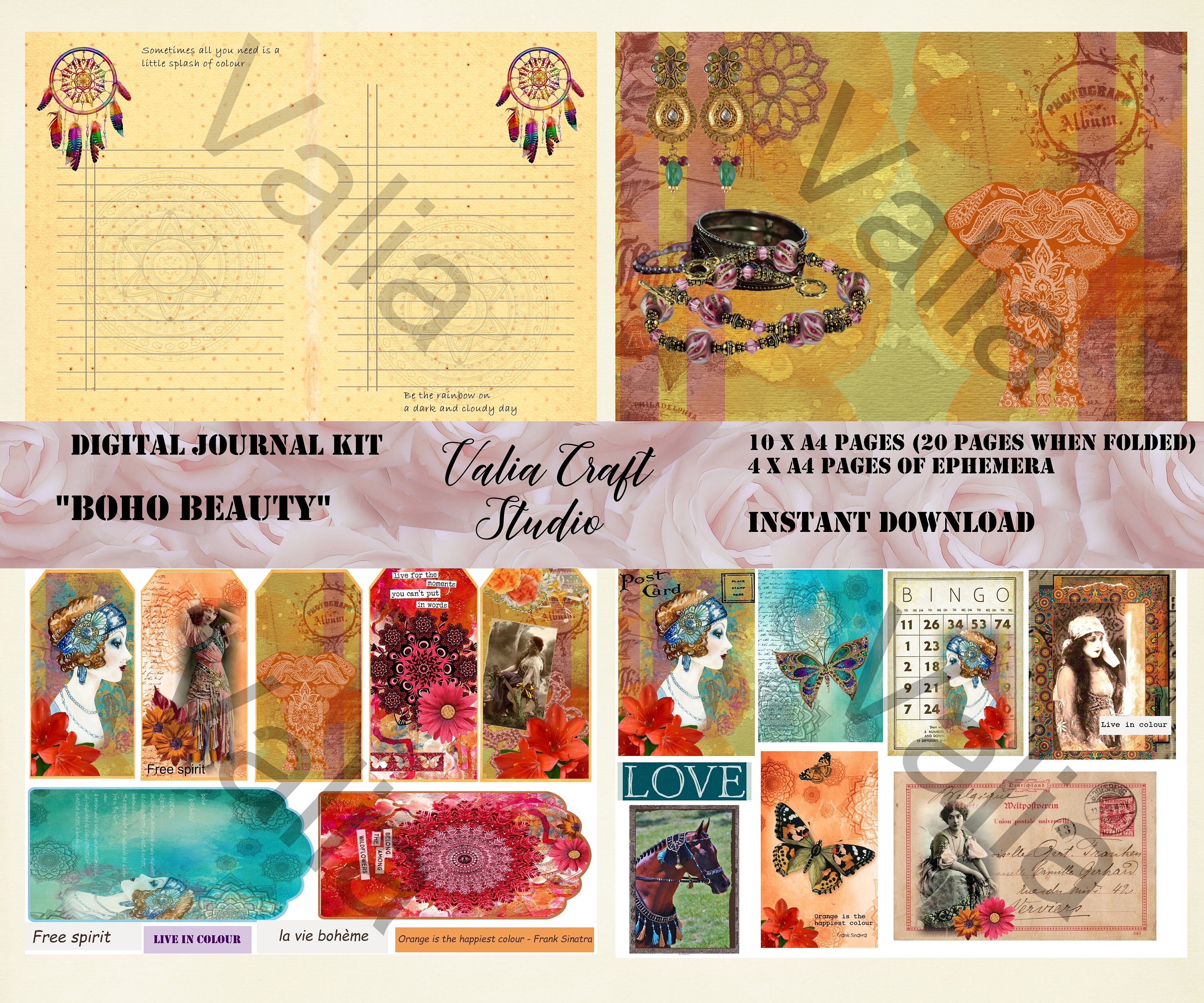 Junk Journal, Boho Beauty Digital Kit, Printable Paper, Instant ...