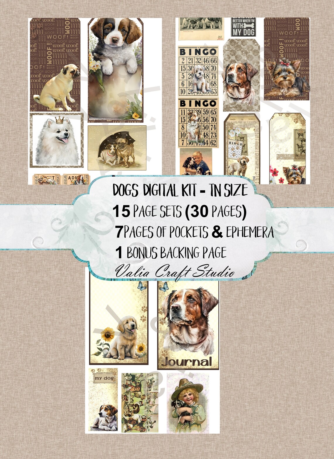 Junk Journal, Delightful Dogs Digital Kit, TN Size, Printable, Instant ...
