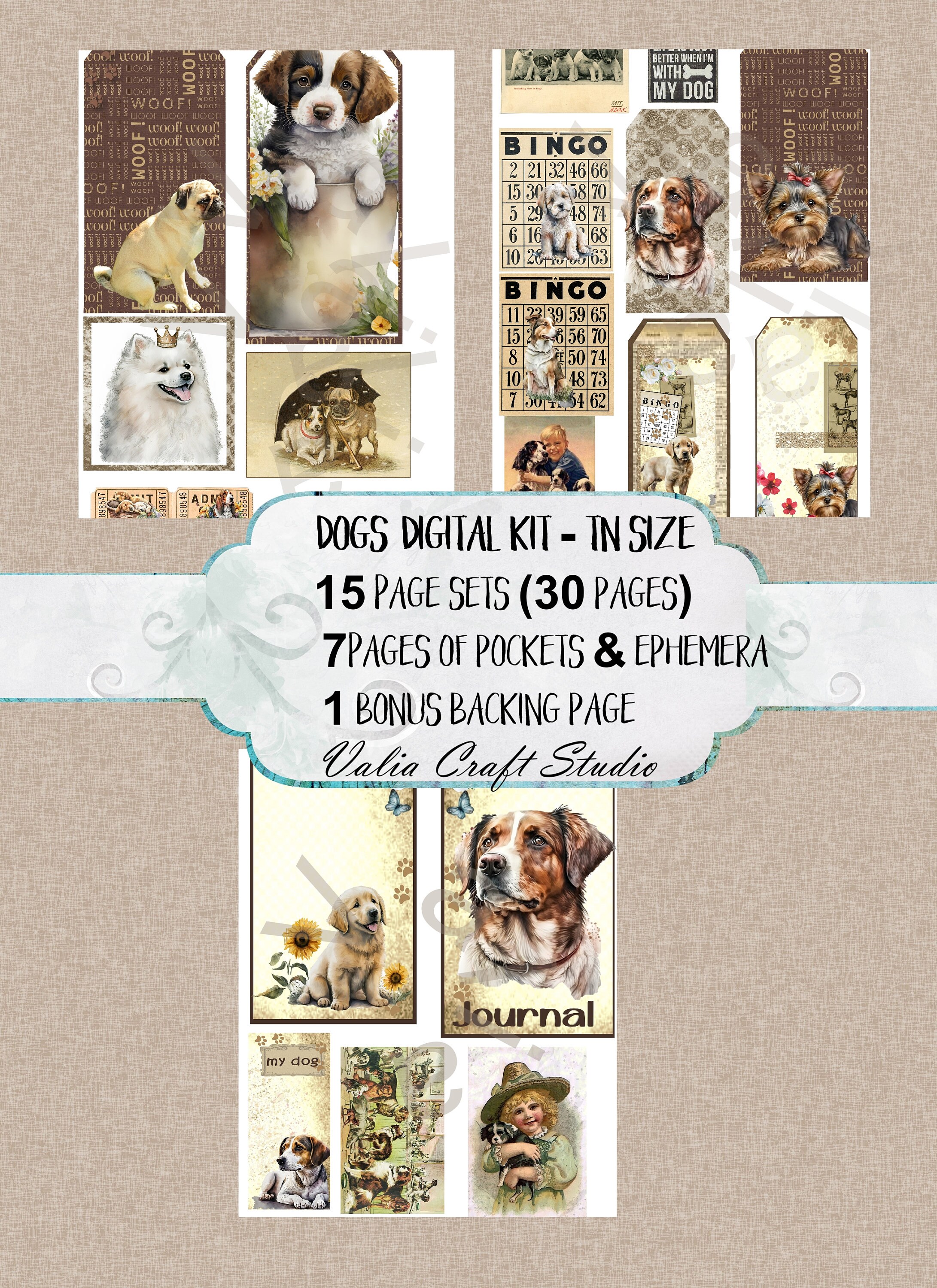 Junk Journal, Delightful Dogs Digital Kit, TN Size, Printable, Instant ...