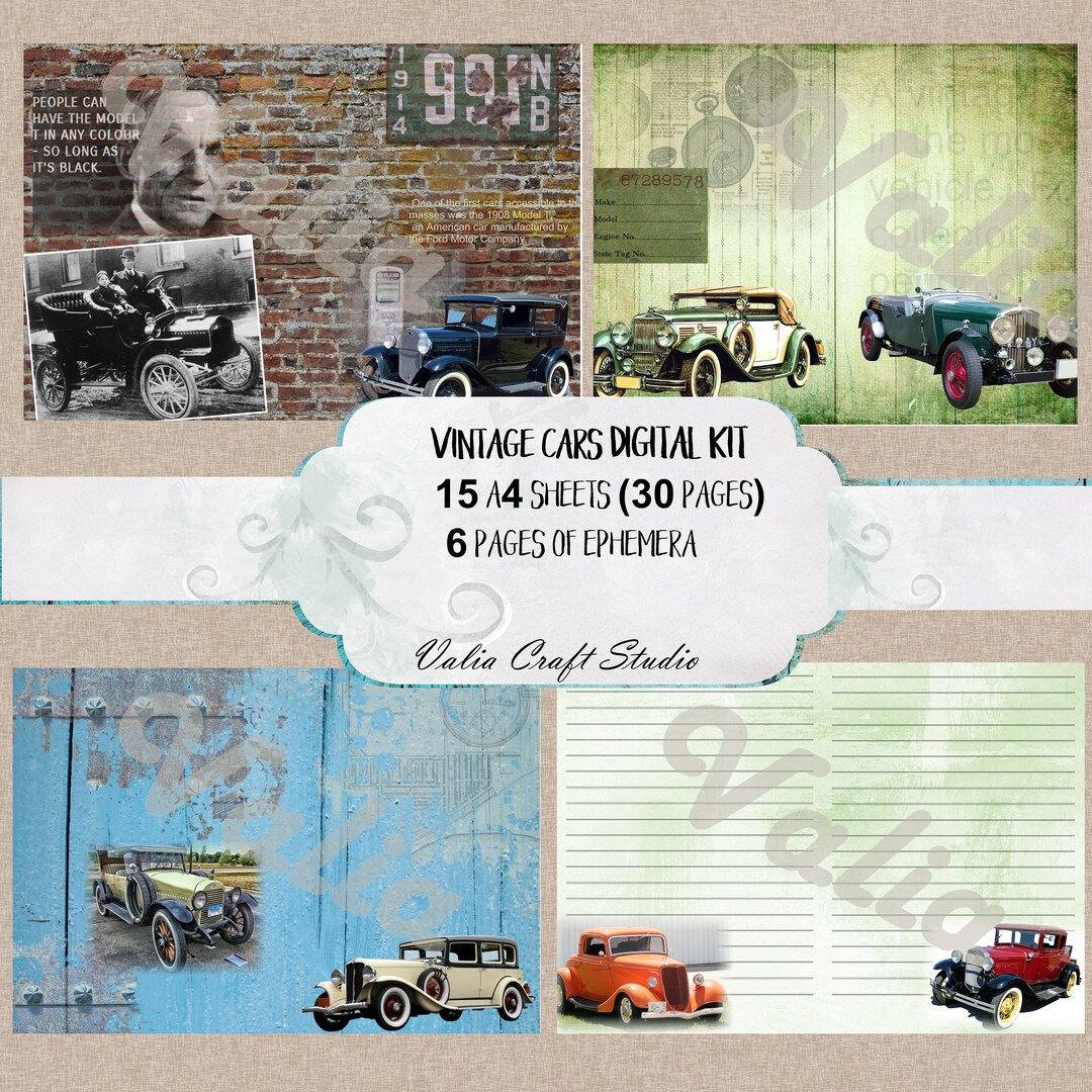 Junk Journal, Vintage Cars Digital Kit, Printable Paper, Valia Craft ...
