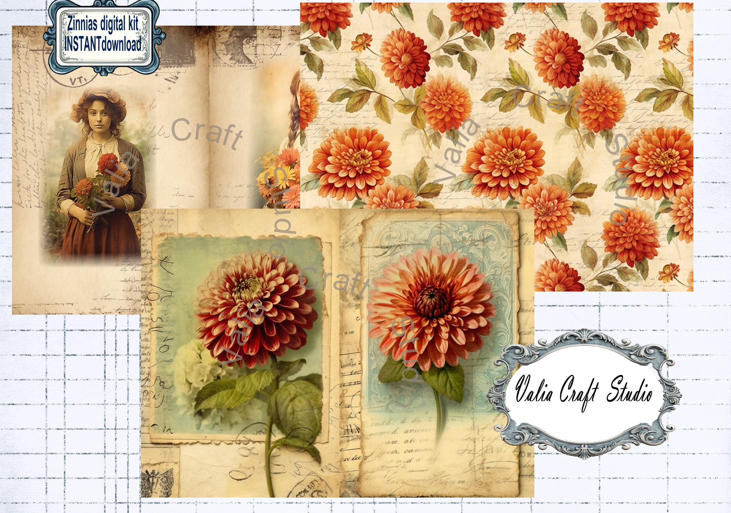 Zinnias Junk Journal Kit: Vintage Floral Ephemera (digital Download) - Etsy