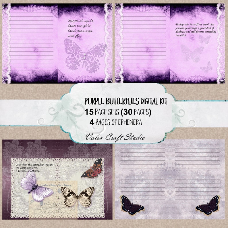 Purple Butterfly Garden Digital Kit, Printable, Journal Kit by Valia ...