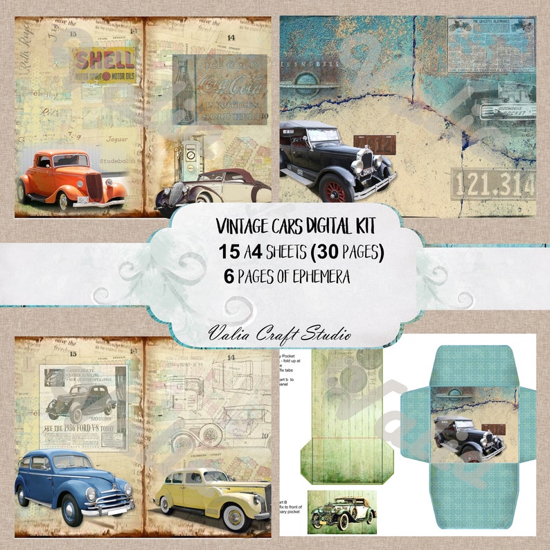 Junk Journal Vintage Cars Digital Kit Printable Paper Valia - Etsy