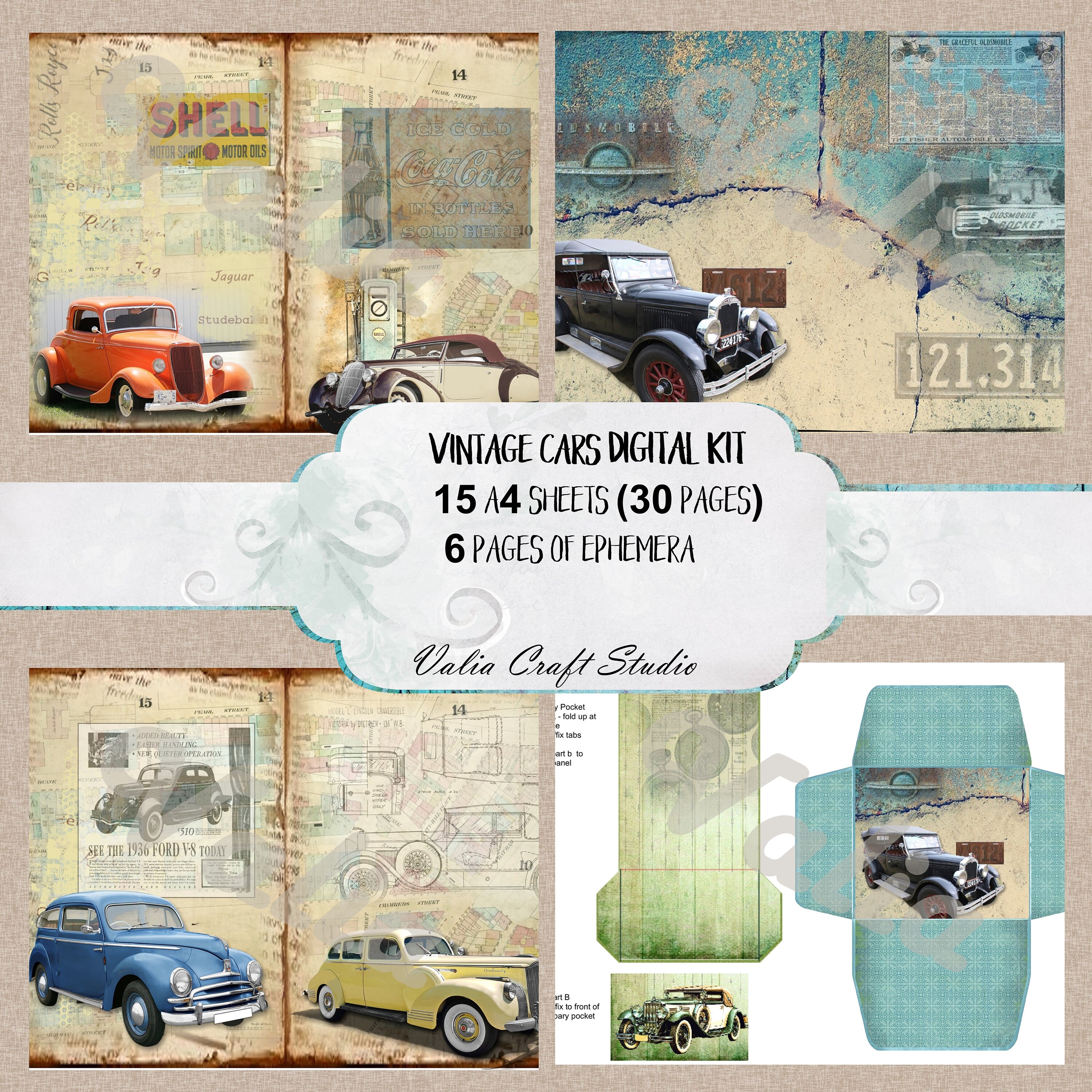 Junk Journal, Vintage Cars Digital Kit, Printable Paper, Valia Craft ...
