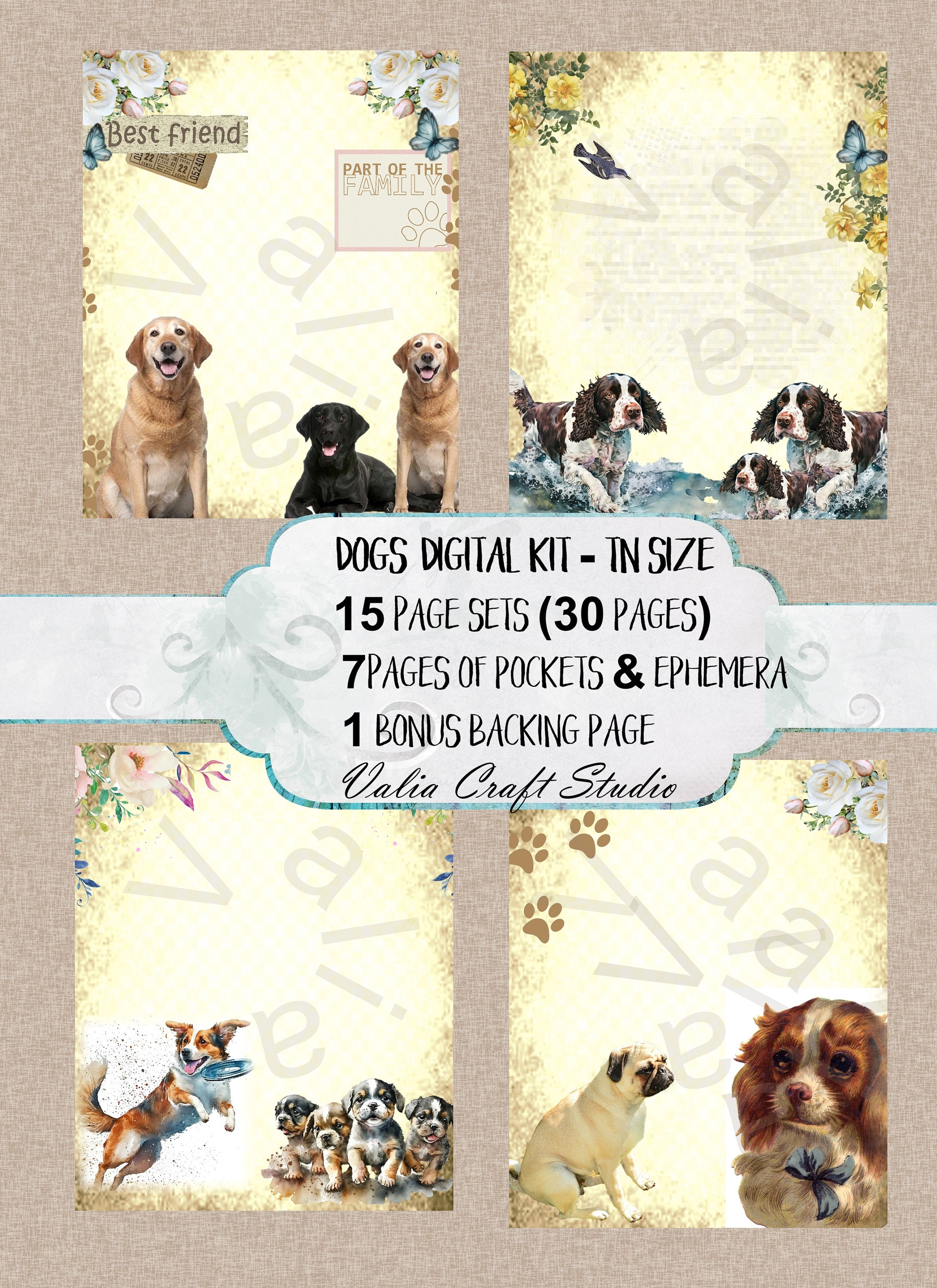 Junk Journal, Delightful Dogs Digital Kit, TN Size, Printable, Instant ...