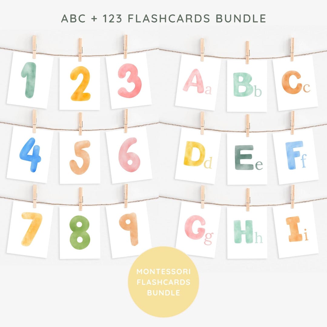 Watercolor ABC + 123 Flashcards Bundle – Montessori Alphabet & Numbers ...