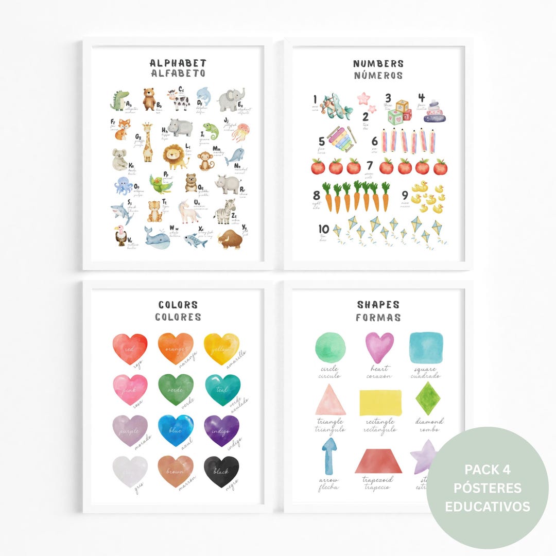 Bilingual Poster Set | ABC, Numbers, Shapes, Colors | English Spanish ...
