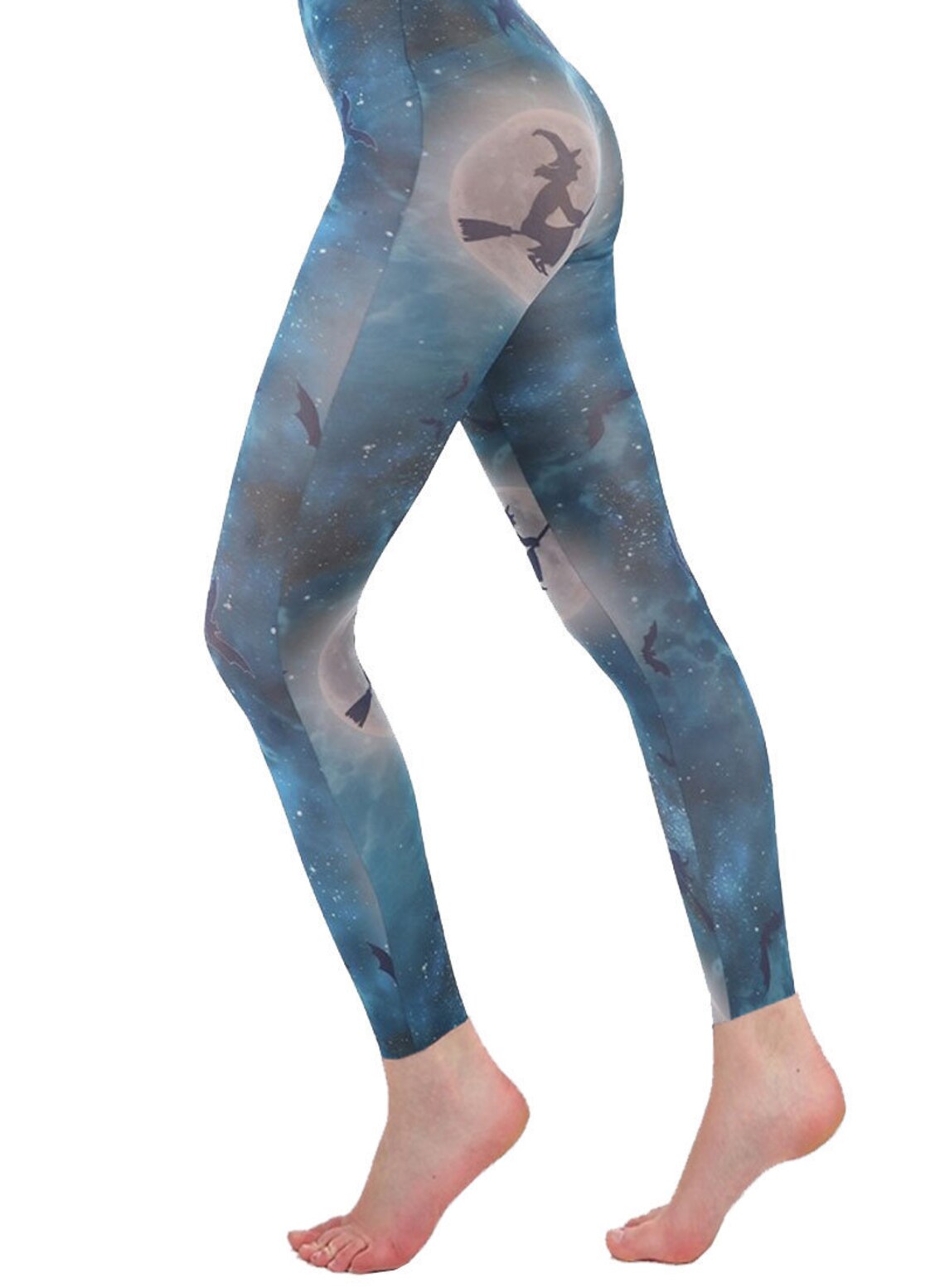 Blue Pattern Footless Tights witches and moon for women | Etsy
