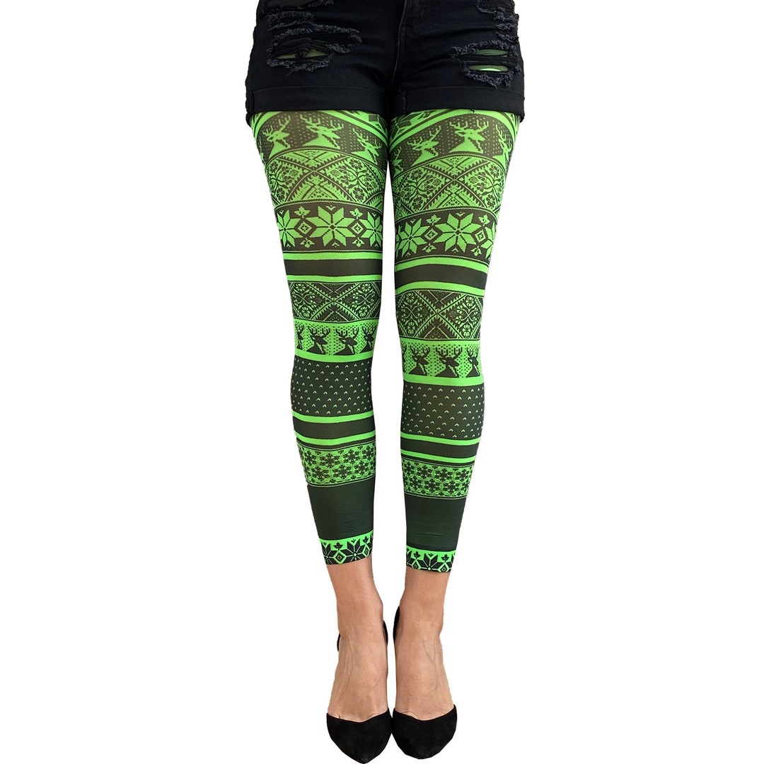 Fair Isle Patterned Footless Tights Black and Green | an Opaque Printed ...