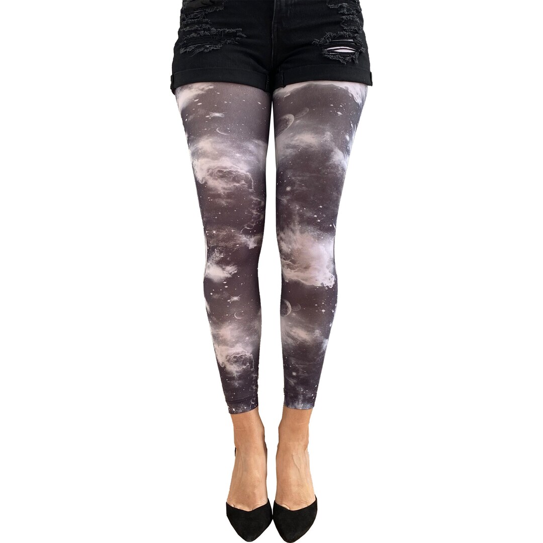 Galaxy Print Footless Tights Black-white for Women Celestial Patterned ...