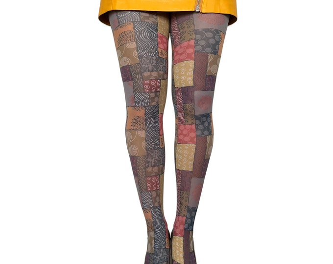 60's 70's Squares Lines Abstract Block Patterned Printed Tights ...