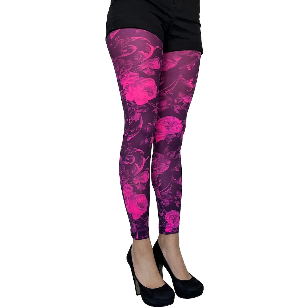 Pink Floral Footless Tights Women's Opaque Two Tone Floral Pantyhose ...