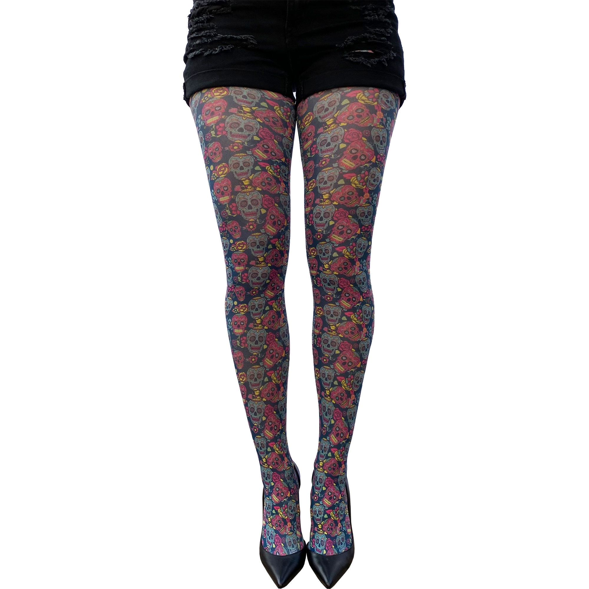 Goth Tights with colorful sugar skulls all over the legs for | Etsy